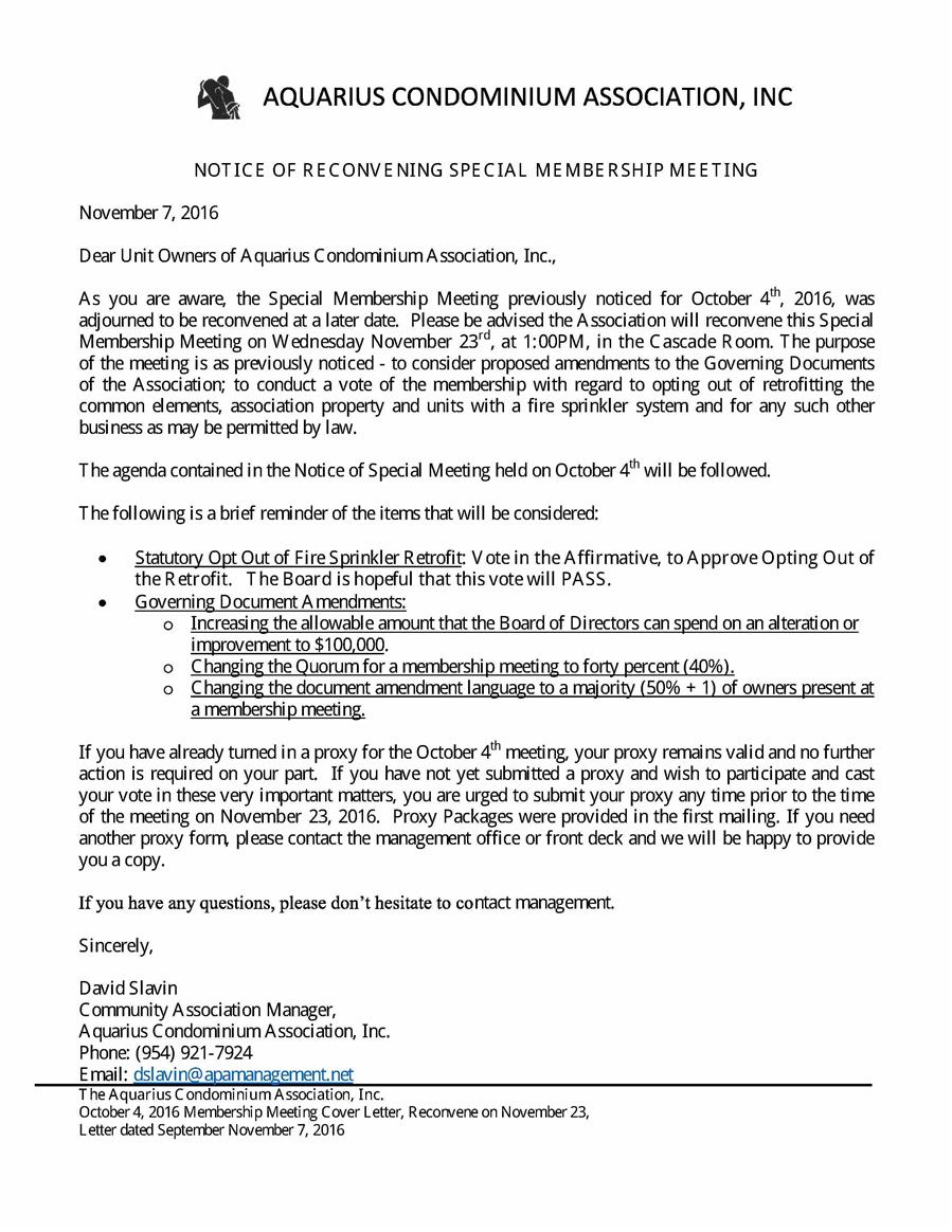 Aquarius Notice of Reconvening Special Membership Meeting | Aquarius ...